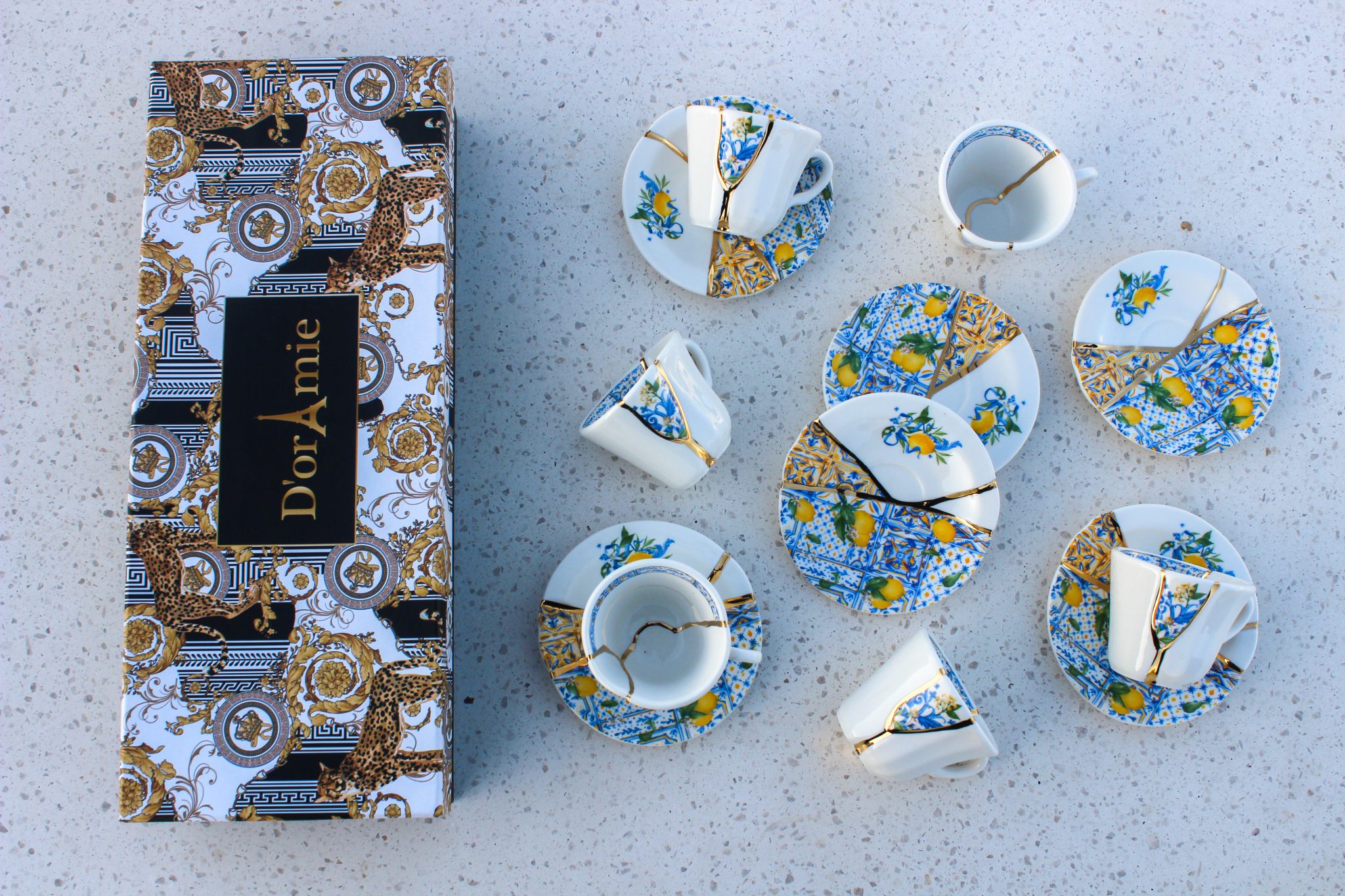 Set of 6 Doramie Turkish cups sets white lemon pattern - NJM Trading